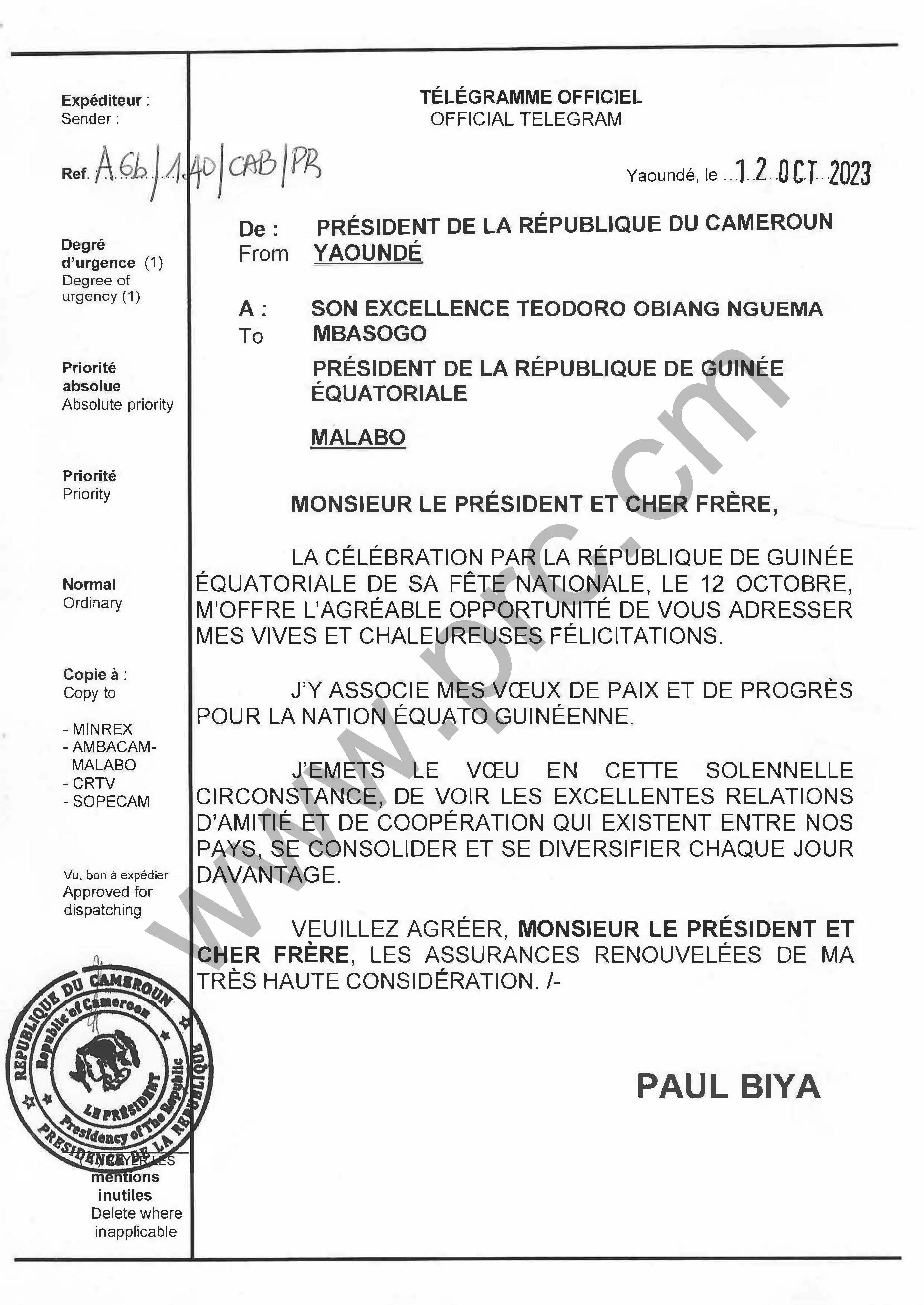 Message de félicitations du Chef de l’État à S.E. Teodoro Obiang Nguema Mbasogo, à l'occasion de ...
